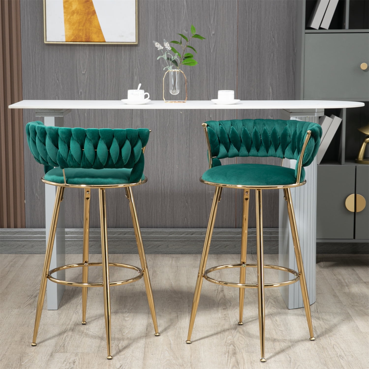 2pc Bar Stools with Footrest, Velvet Bar Stools Set of 2, Barstools ...