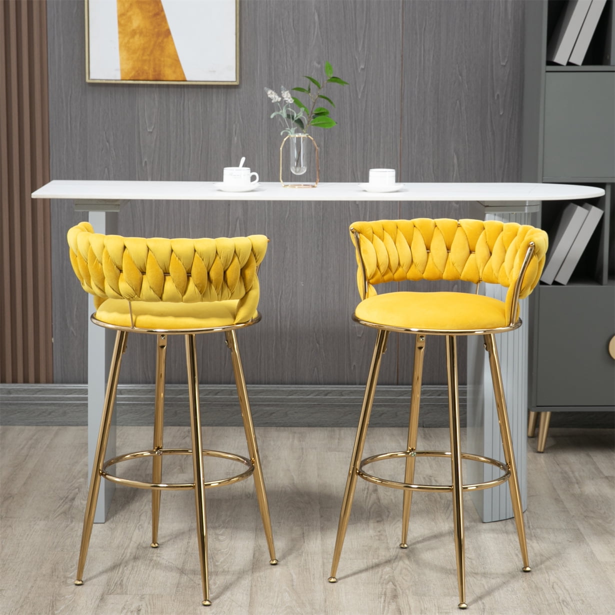 2pc Bar Stools with Footrest, Velvet Bar Stools Set of 2, Barstools ...