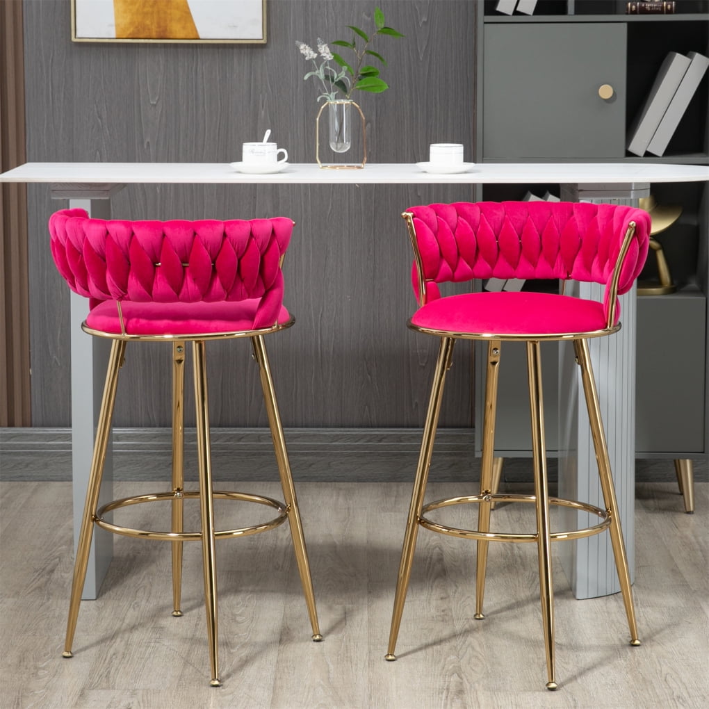 2pc Bar Stools with Footrest, Velvet Bar Stools Set of 2, Barstools ...