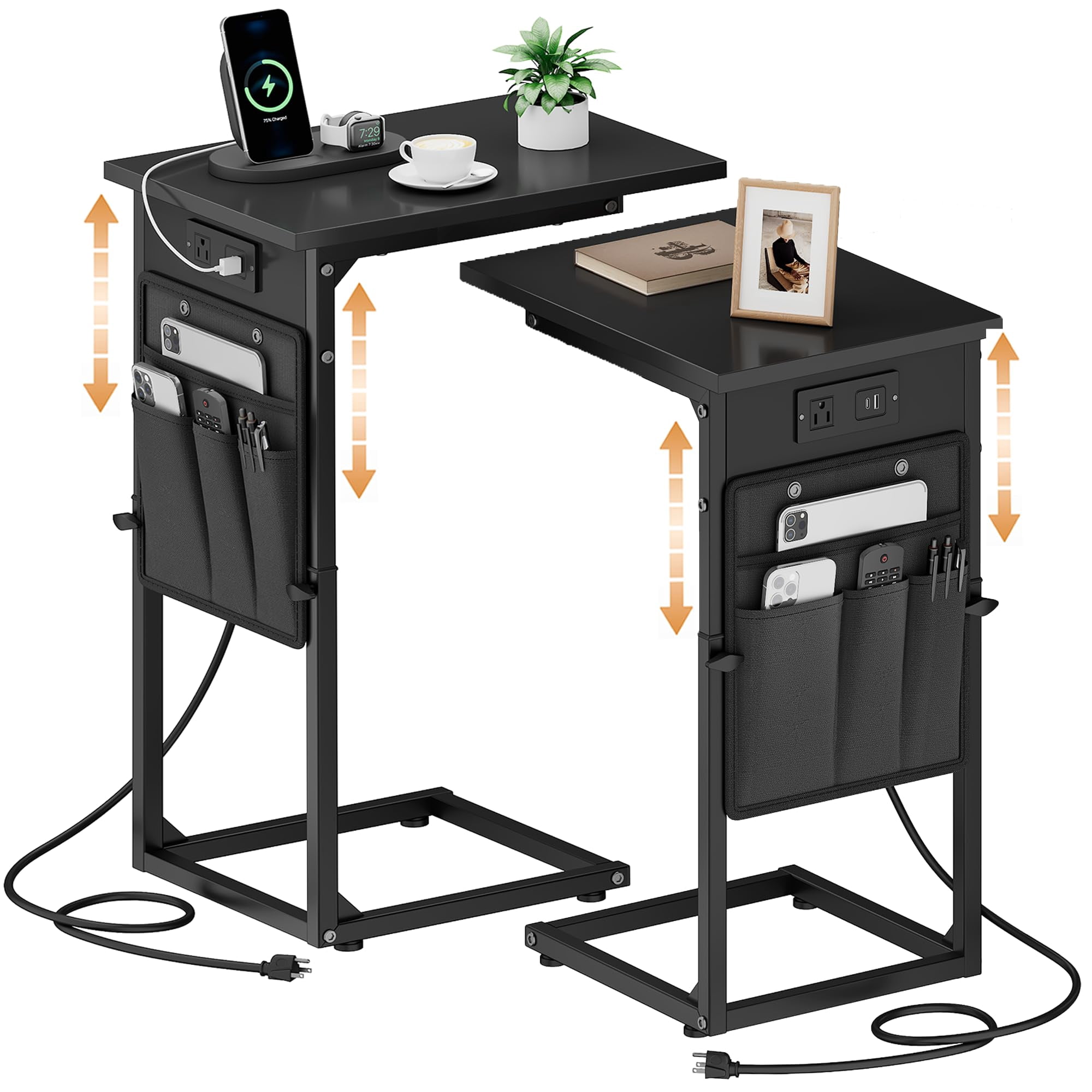 2pc Black C-Shaped End Tables With Plug Adjustable Height Side Tables ...
