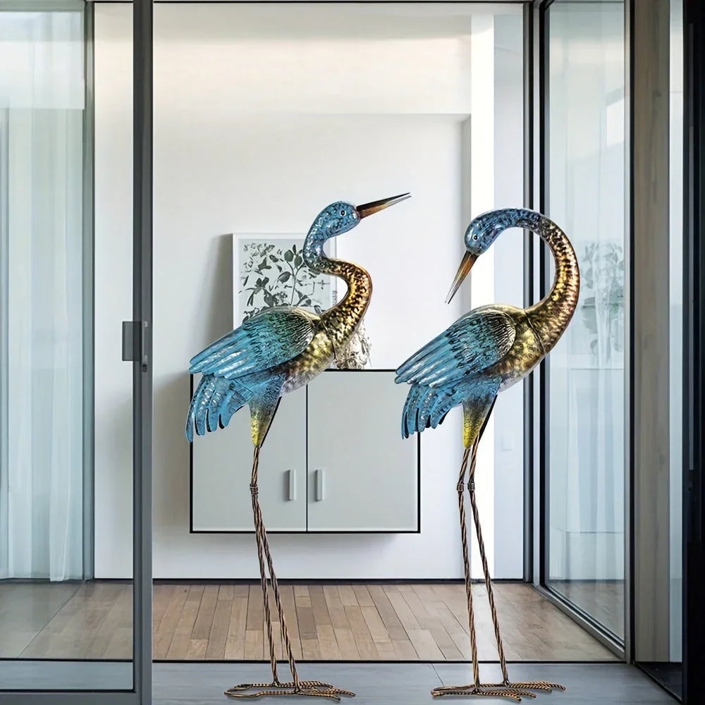 House of Avana Blue Gold Metal Crane Garden Sculpture Elegant Outdoor ...