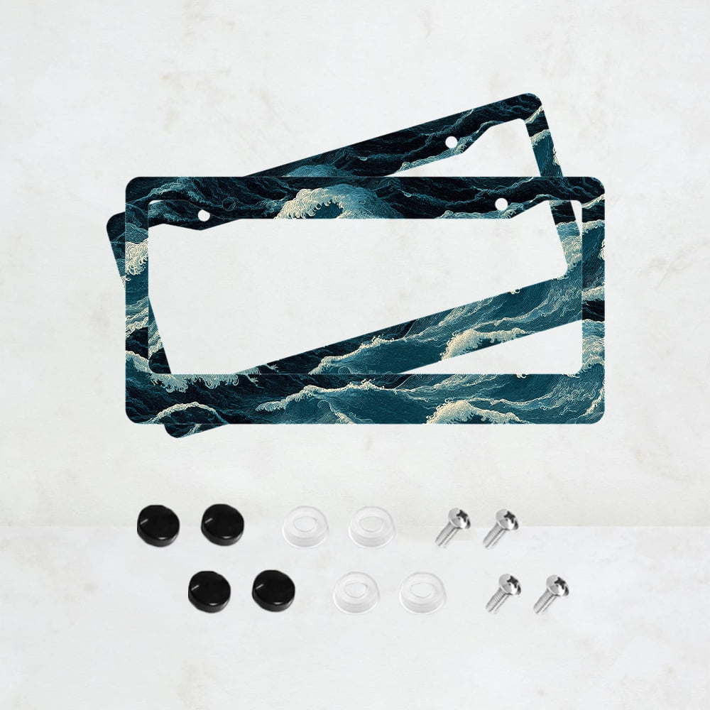 2pc Blue Ocean Wave Pattern 2 Hole License Plate Frame Aluminum ...