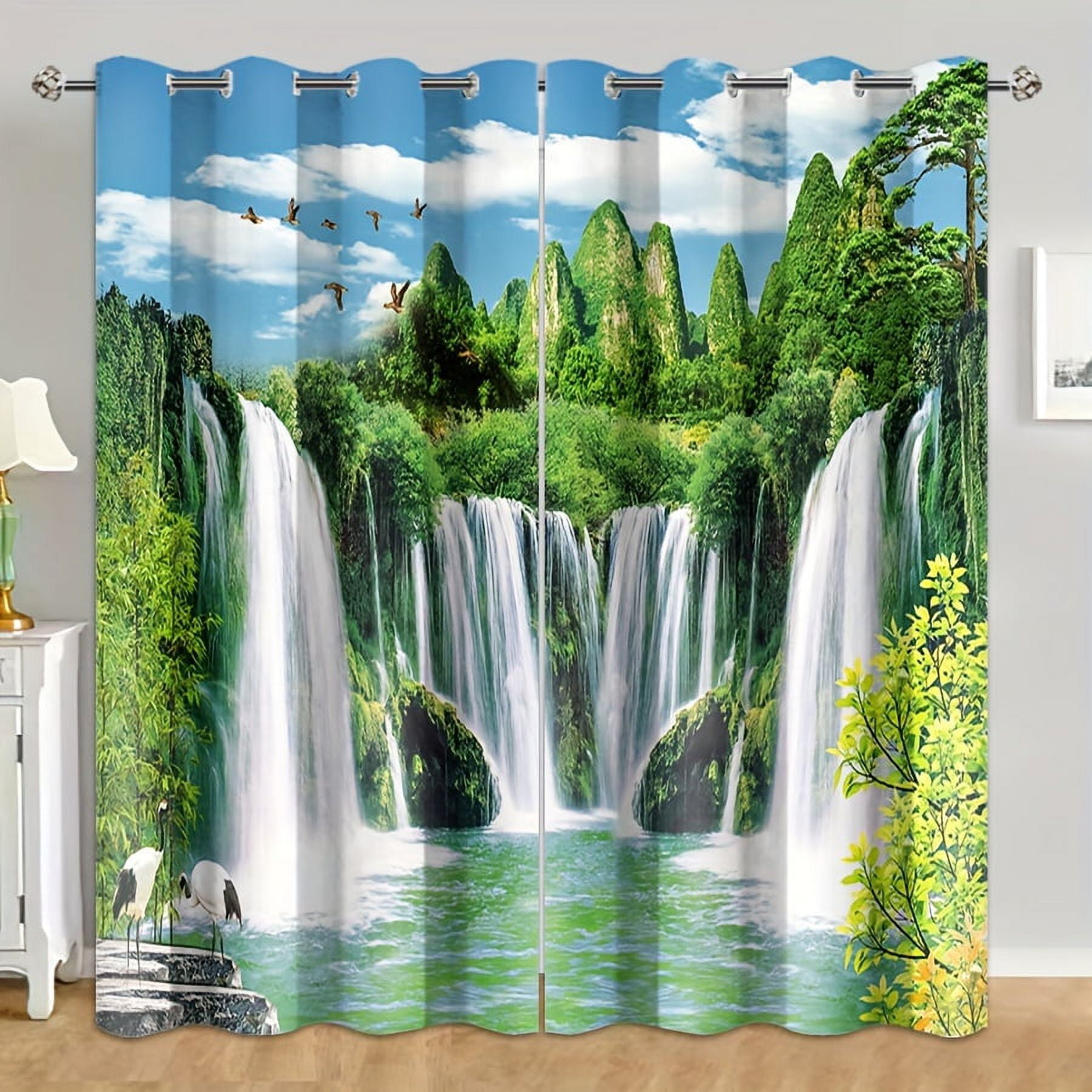 2pc Blue Peacock and Golden Tree Pattern Curtain Set Rod Pocket Mount ...