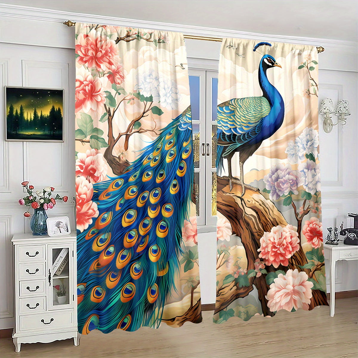 2pc Blue Peacock and Golden Tree Pattern Curtain Set Rod Pocket Mount ...