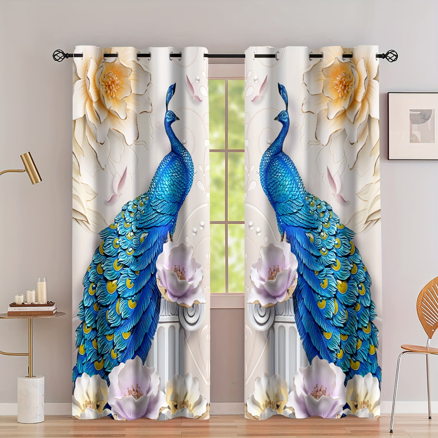 2pc Blue Peacock and Golden Tree Pattern Curtain Set Rod Pocket Mount ...