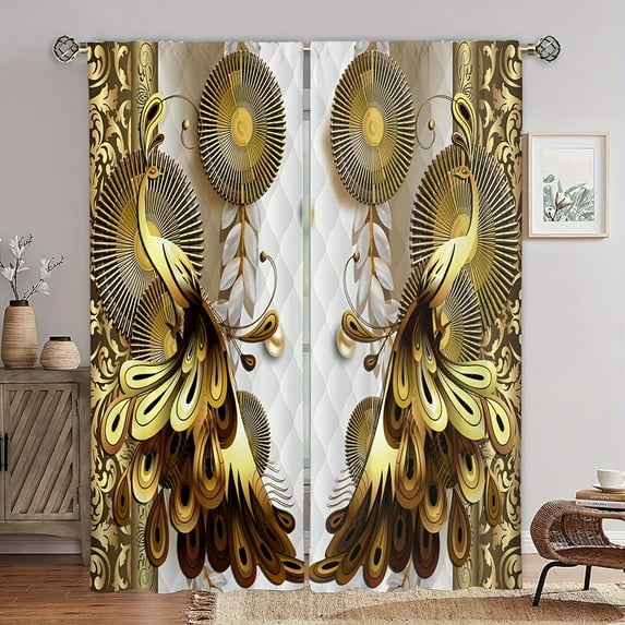 2pc Blue Peacock and Golden Tree Pattern Curtain Set Rod Pocket Mount ...