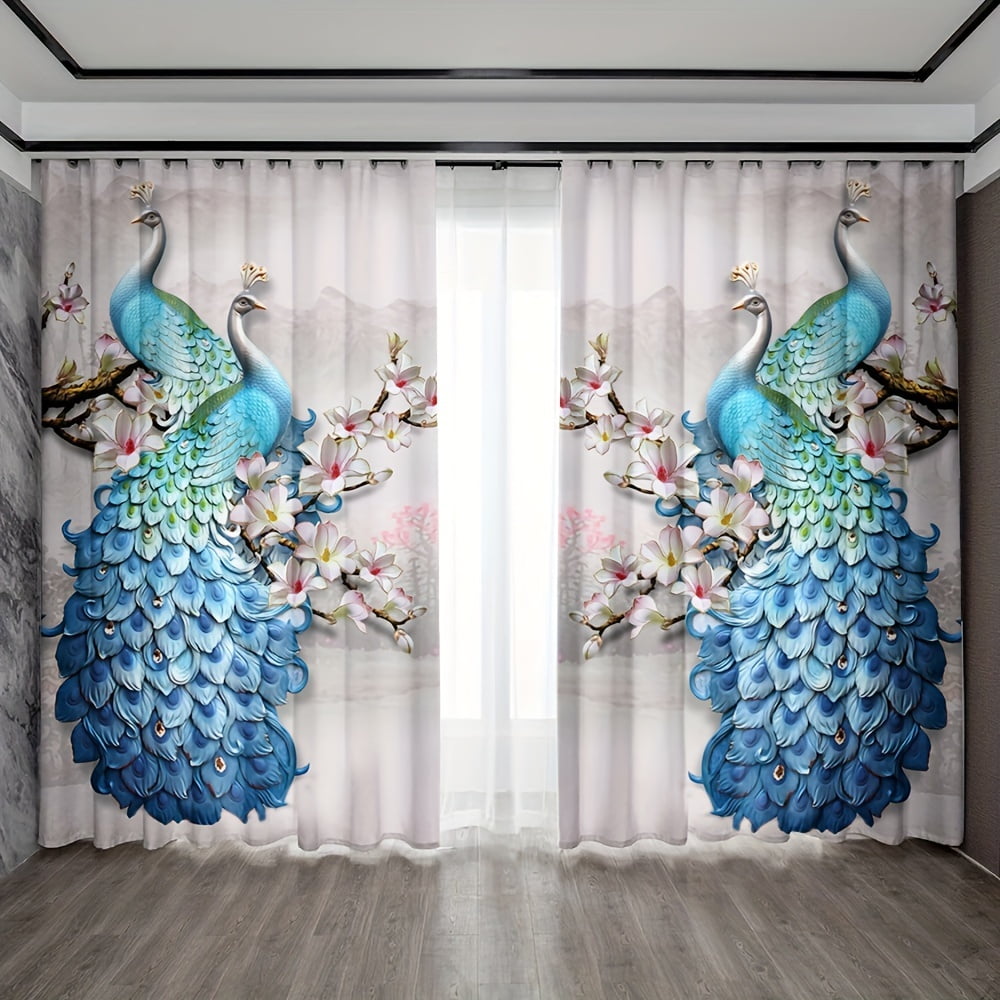 2pc Blue Peacock and Golden Tree Pattern Curtain Set Rod Pocket Mount ...