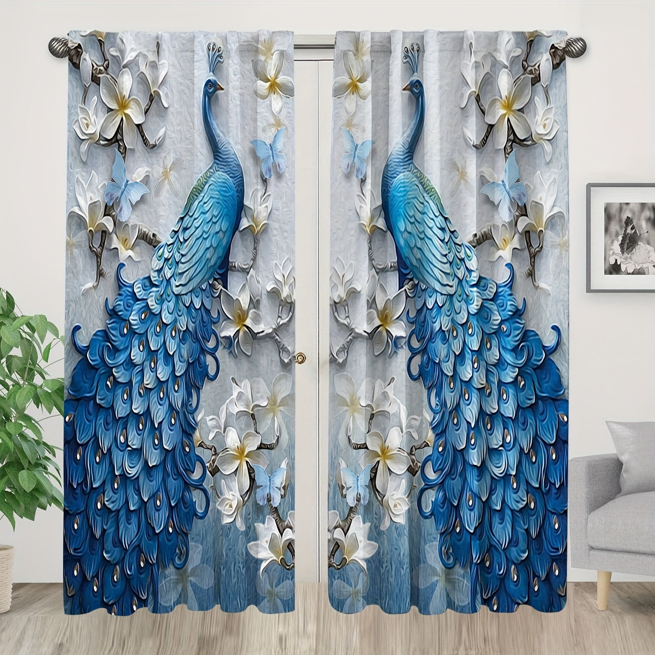 2pc Blue Peacock and Golden Tree Pattern Curtain Set Rod Pocket Mount ...