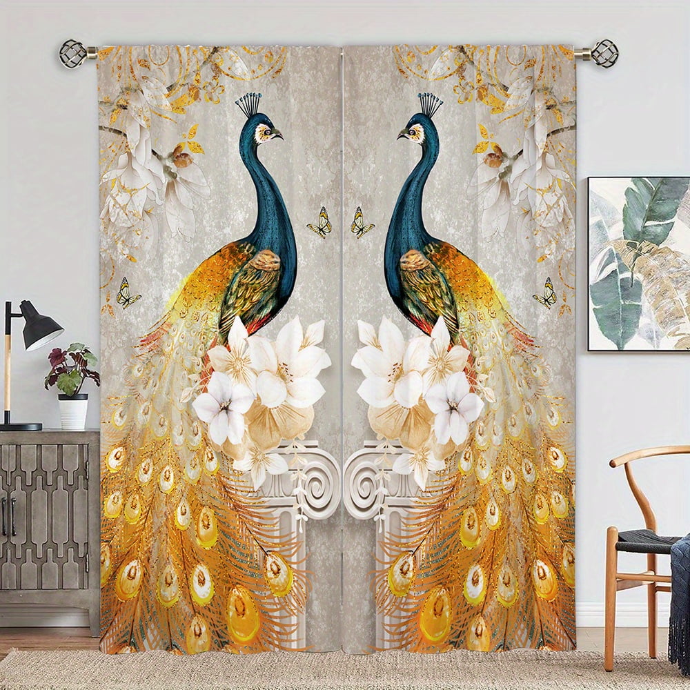 2pc Blue Peacock and Golden Tree Pattern Curtain Set Rod Pocket Mount ...