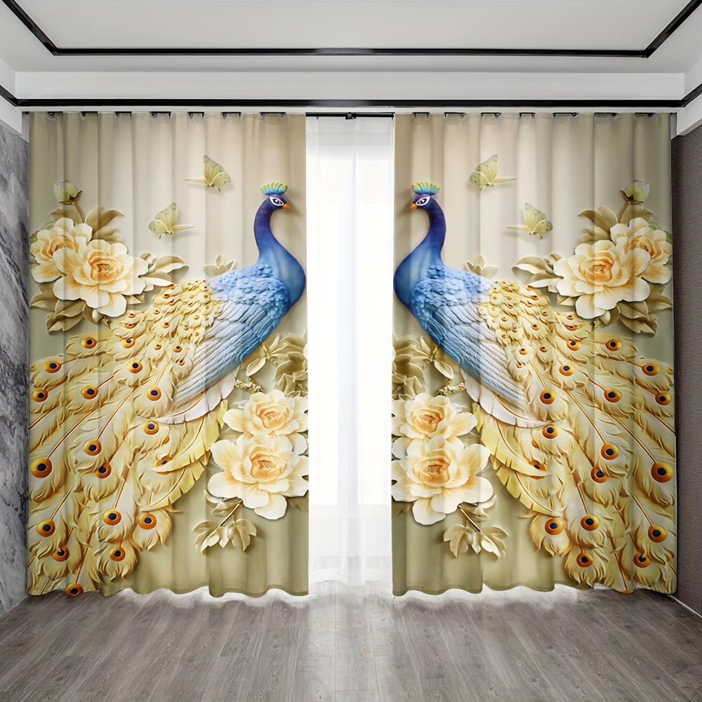 2pc Blue Peacock and Golden Tree Pattern Curtain Set Rod Pocket Mount ...
