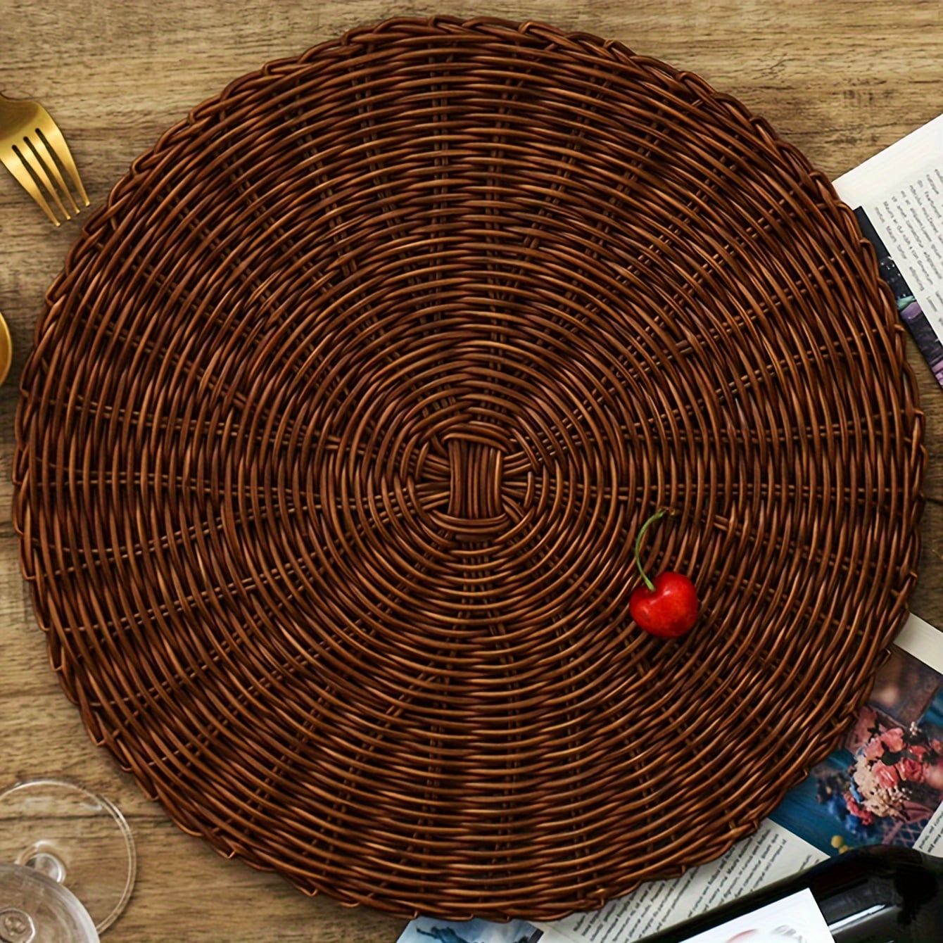 2pc Bohemian Style Vintage Brown Rattan Placemat - Round, Handwoven ...