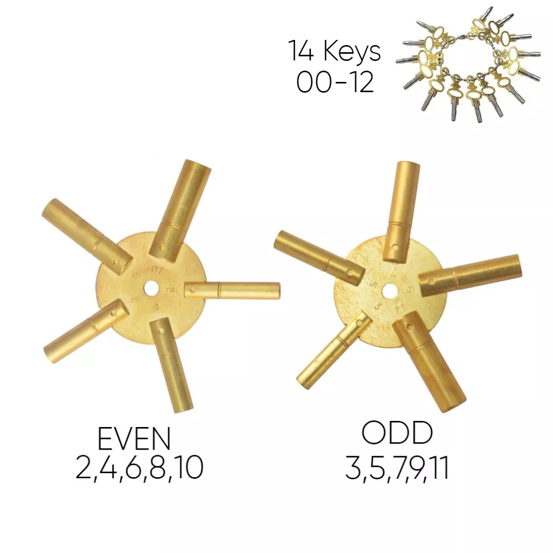 2pc Brass Clock Winding Keys w/ Five Pronged Even & Odd Nos. & Pocket ...