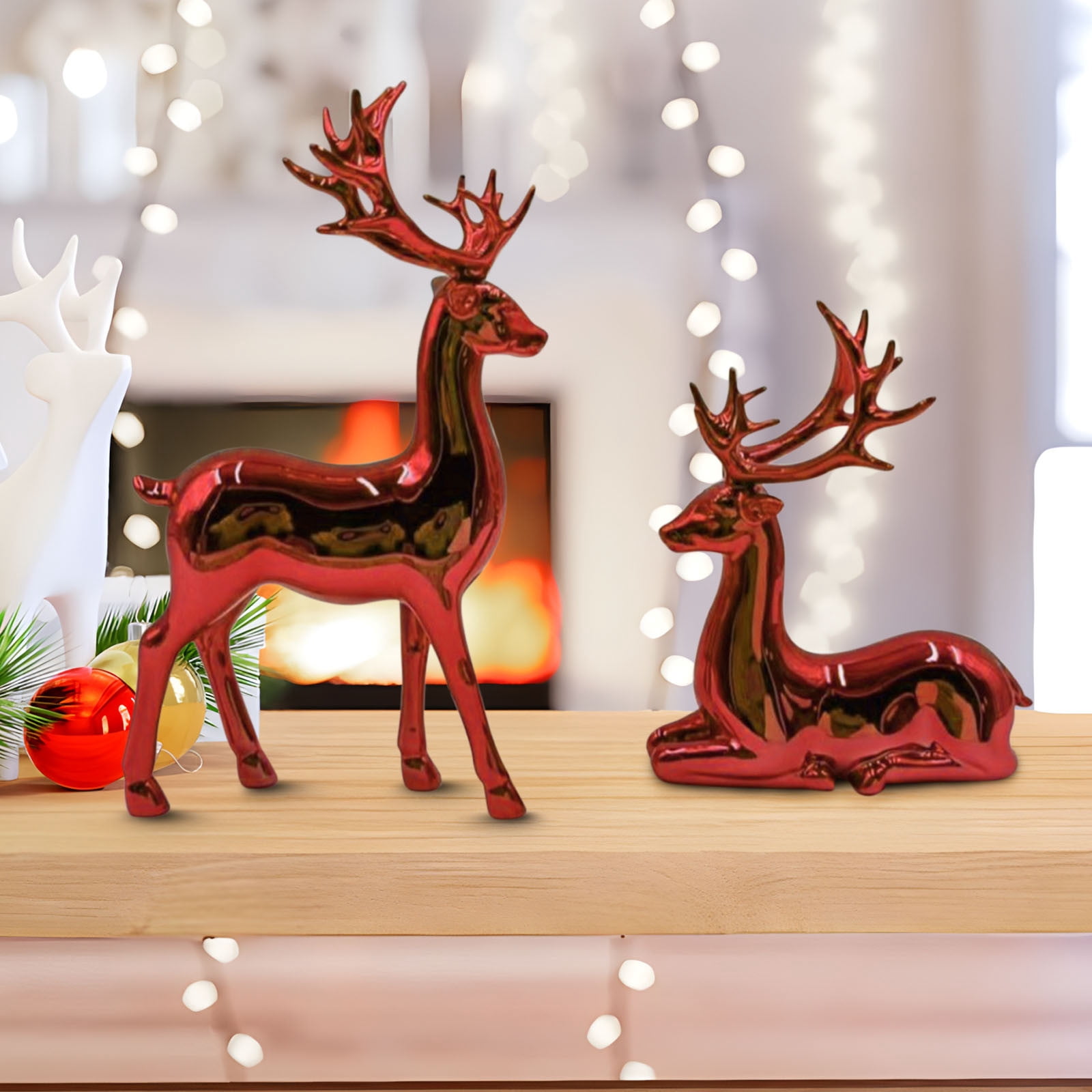 2pc Christmas Reindeer Figurines Decorations,Sitting Standing Xmas Deer ...