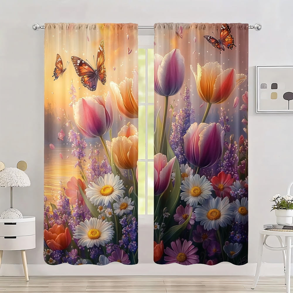 2pc Colorful Curtain Beautiful flowers Versatile Polyester Fabric ...