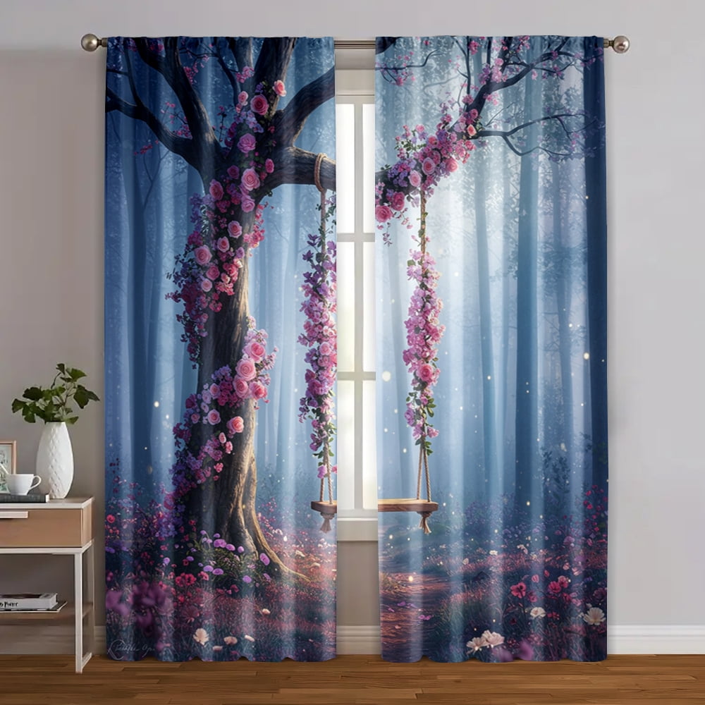 2pc Curtain Glowing pink and purple petals fall Versatile Polyester ...