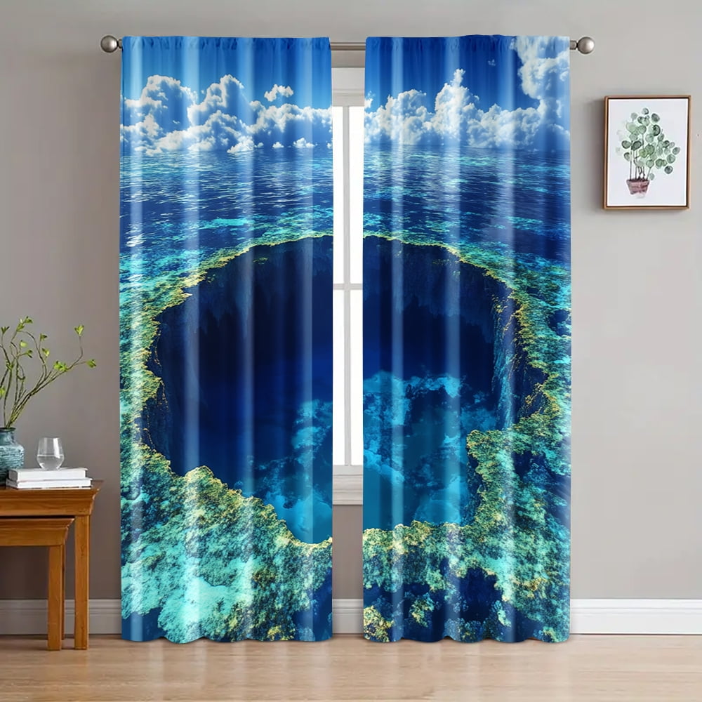 2pc Curtain Ocean Blue Cave Machine Washable Fabric Without Electricity ...