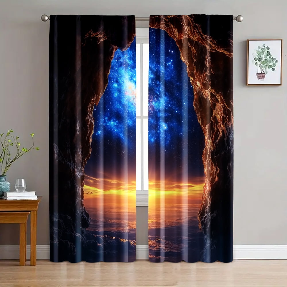 2pc Curtain Skyline sunrise starry sky Versatile Polyester Without ...