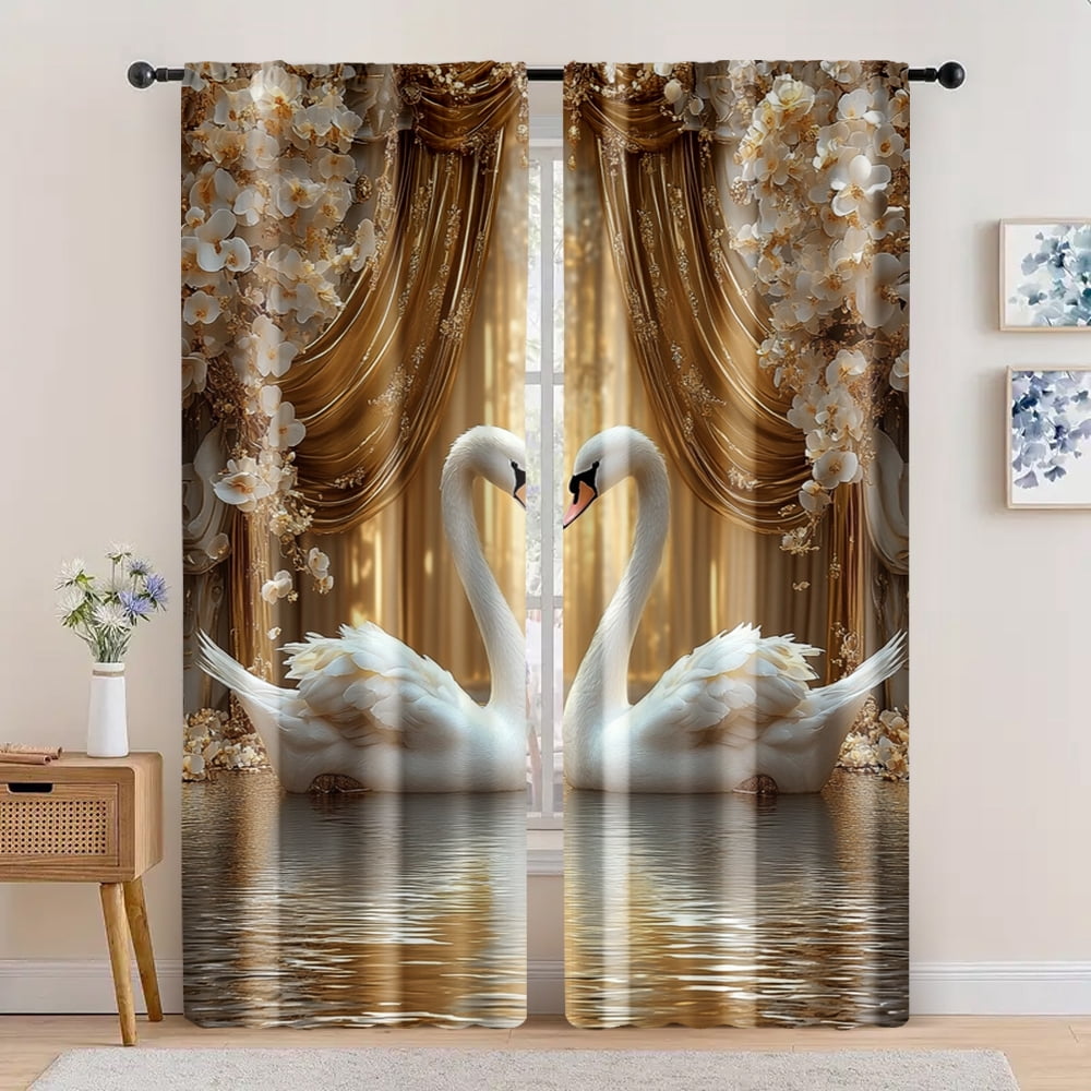 2pc Curtain Swan pattern Polyester Without Electricity party ...