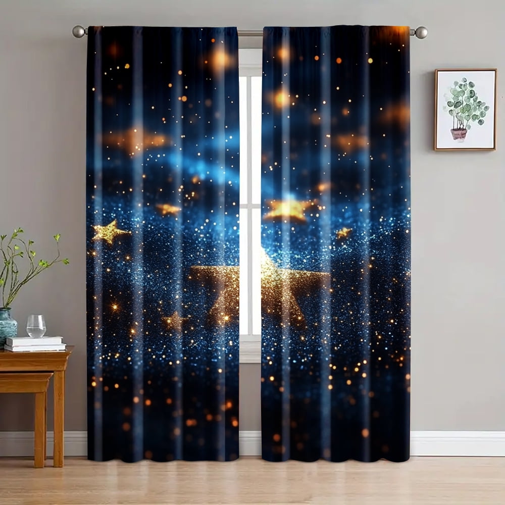 2pc Curtains Starry Night Sky Machine Washable Polyester Without ...
