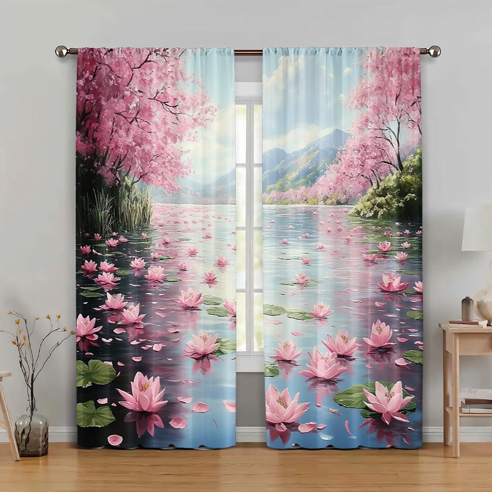 2pc Drapes Floating green leaves Machine Washable Fabric Without ...