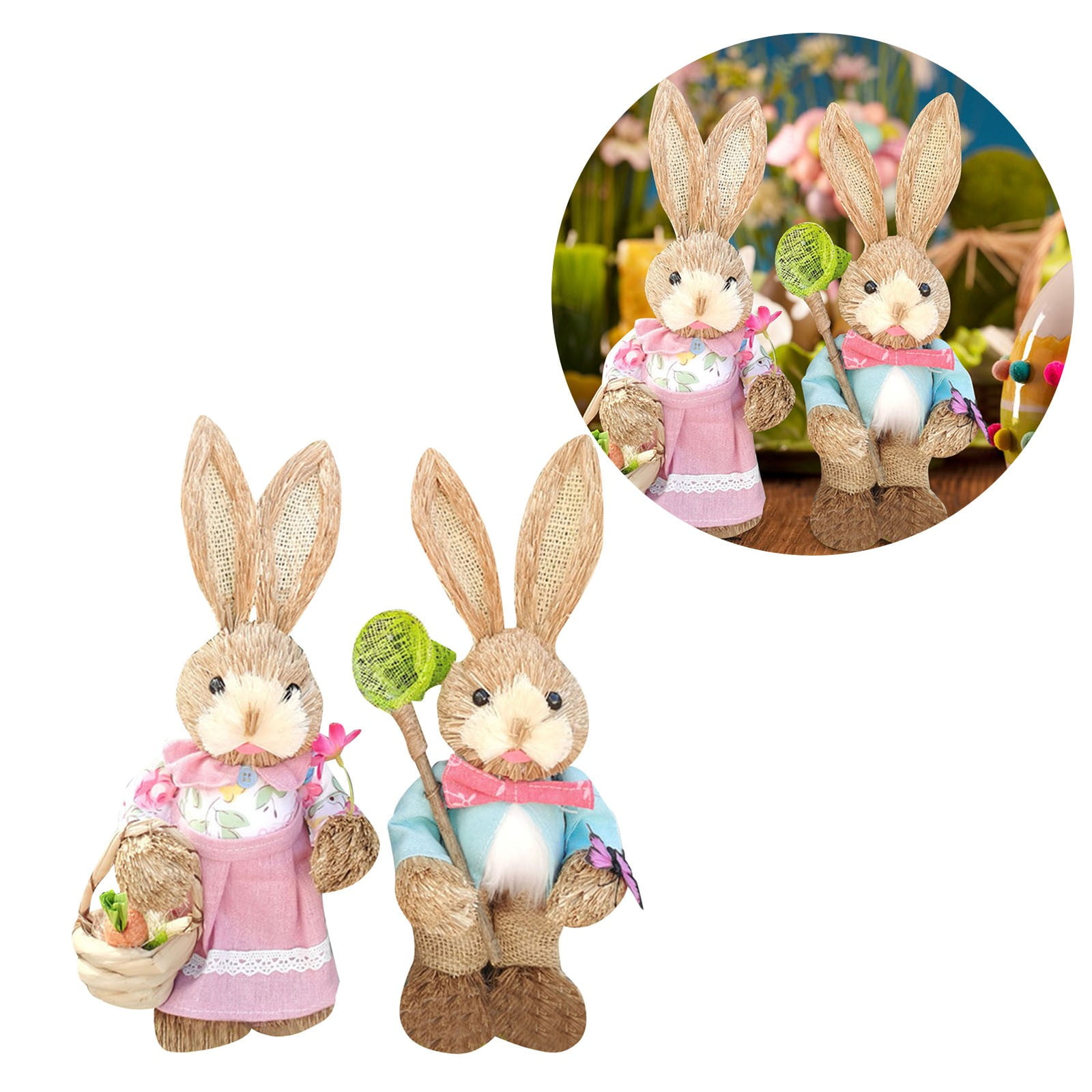 2pc Easter Decorations 14" Sisal Bunny Figurines Carrot Egg Spring ...