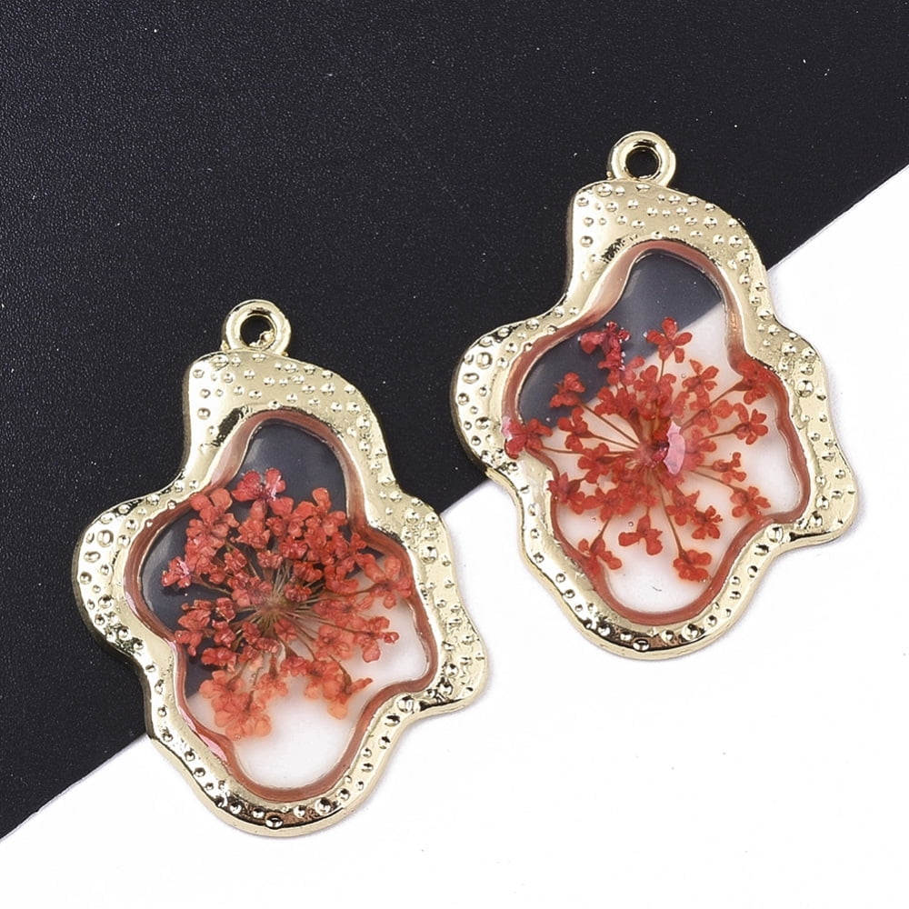 2pc Epoxy Resin Pendants with Dried Flower Inside and Light Gold Plated ...