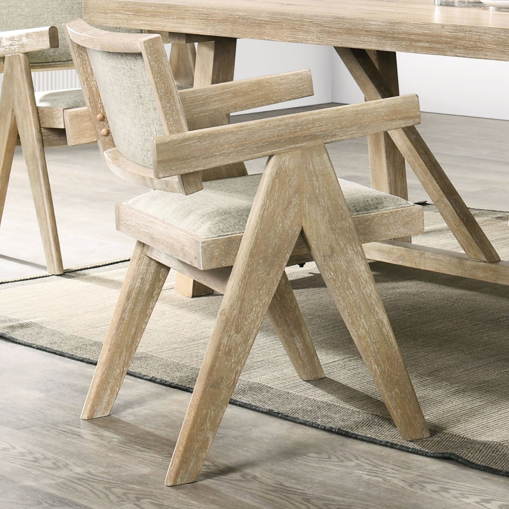 2pc Fabric Upholstered Dining Arm Chairs, Oak Color | Transitional ...