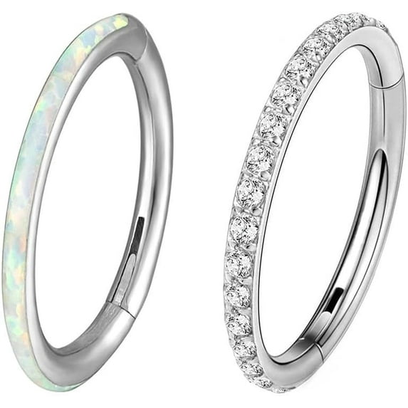 2pc G23 Titanium 16G 6/8/10/12mm Nose Ring Opal Multi Zircon Hoop Hinge ...