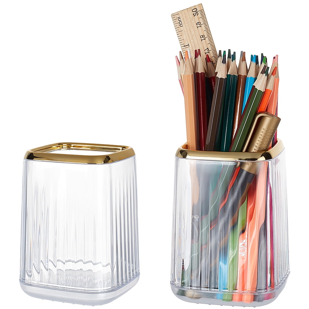 2pc Gold Brim Square Mouth Plastic Pen Holders Multi-Purpose Desktop ...