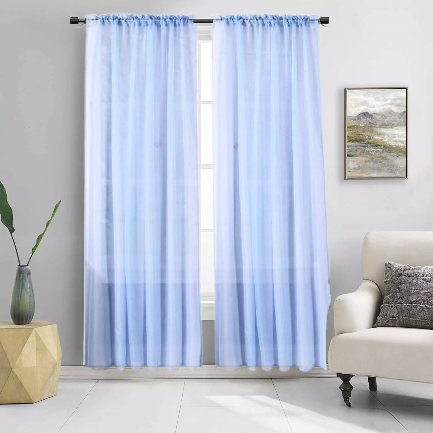 2pc Light Blue Solid Sheer Voile Window Curtain Set, Two (2) Rod Pocket ...