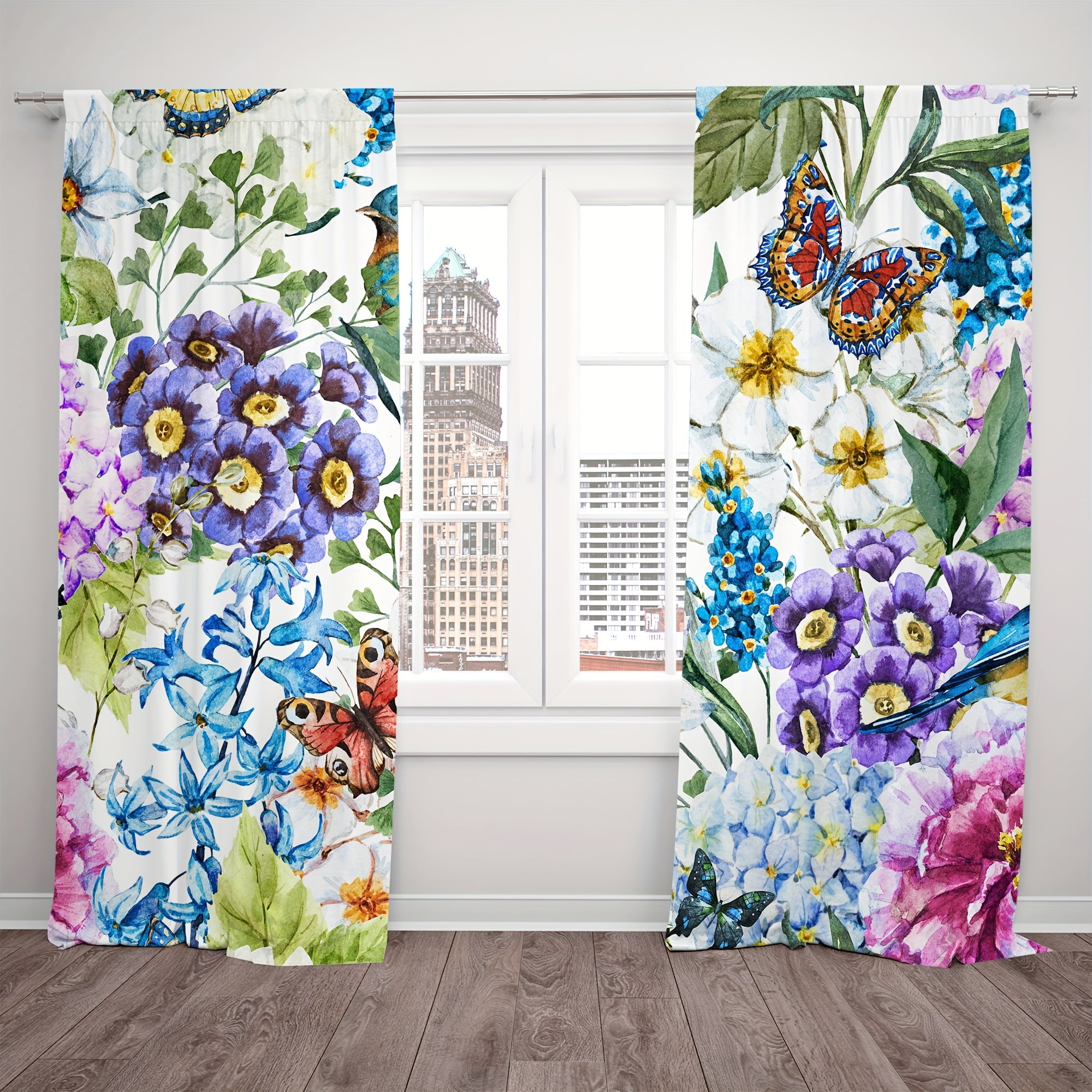 2pc Modern Leaf Floral Print Light-Filtering Curtain Panels UV ...