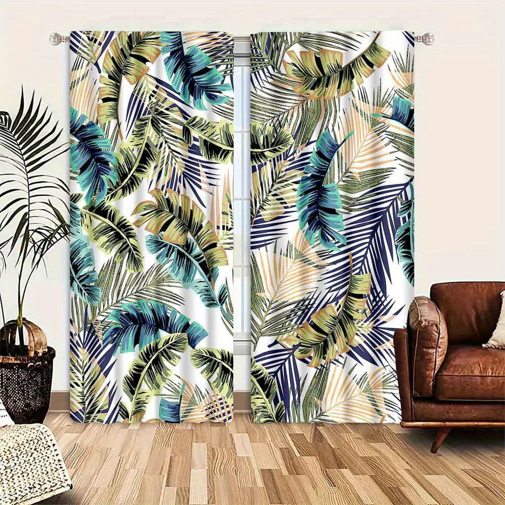 2pc Modern Leaf Floral Print Light-Filtering Curtain Panels UV ...