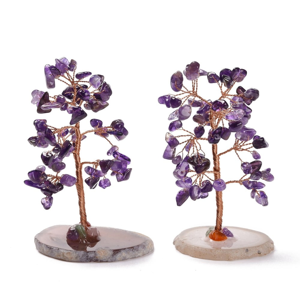2pc Natural Amethyst Chips & Agate Pedestal Display Decorations Tree of ...