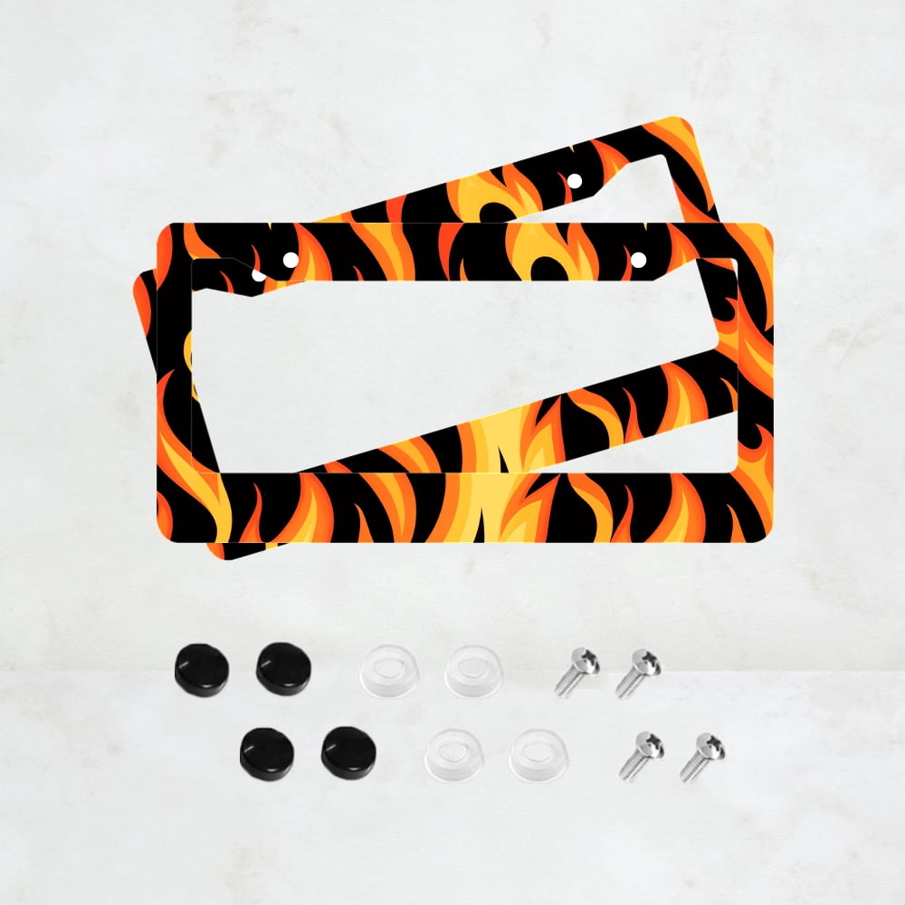 2pc Orange and Black Flame Pattern 2-Hole License Plate Frame ...