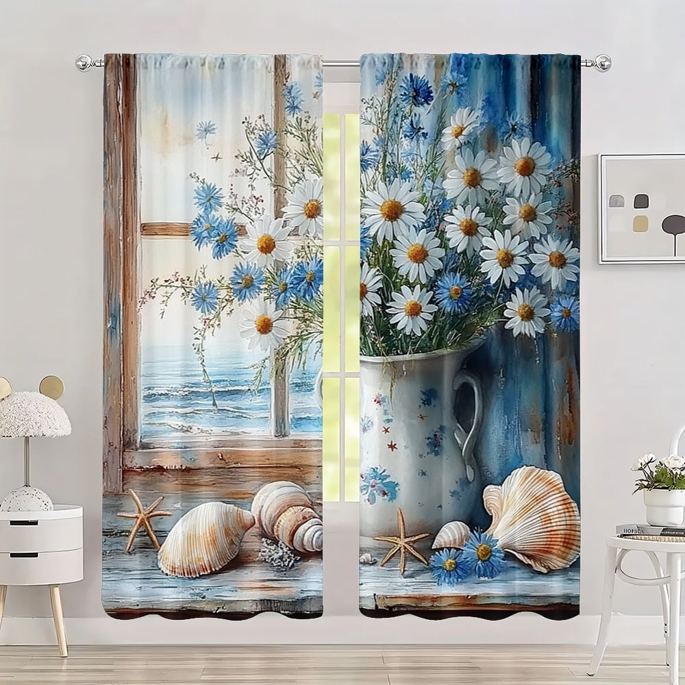 2pc Party Holid Curtain Blue daisies and star Versatile Polyester ...