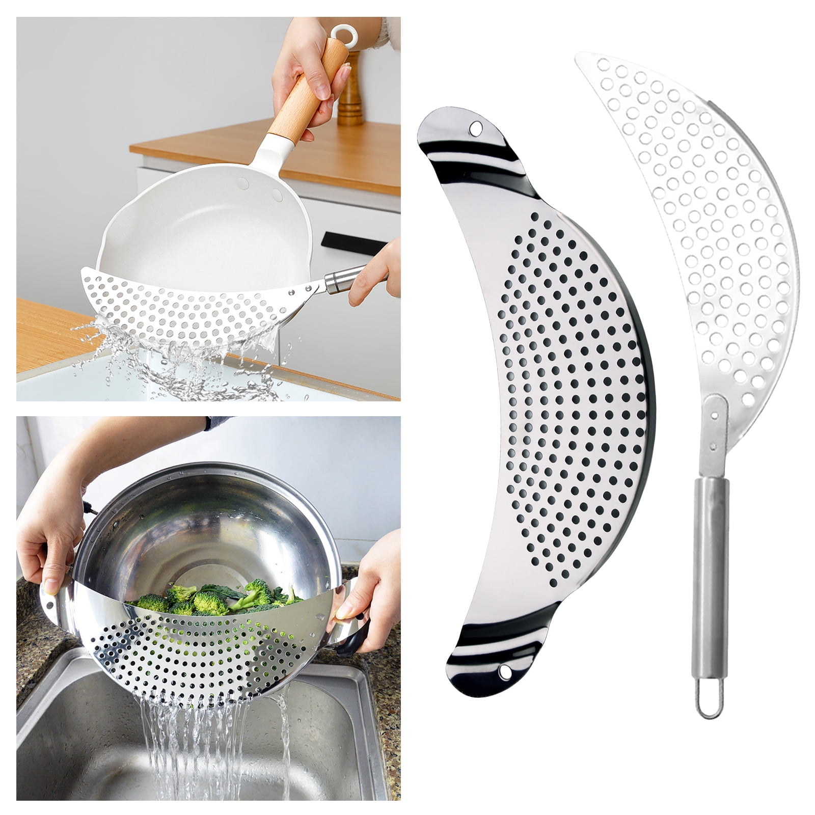 2pc Pot Strainer with Handle Stainless Steel Colander Pasta Drainer Pan ...
