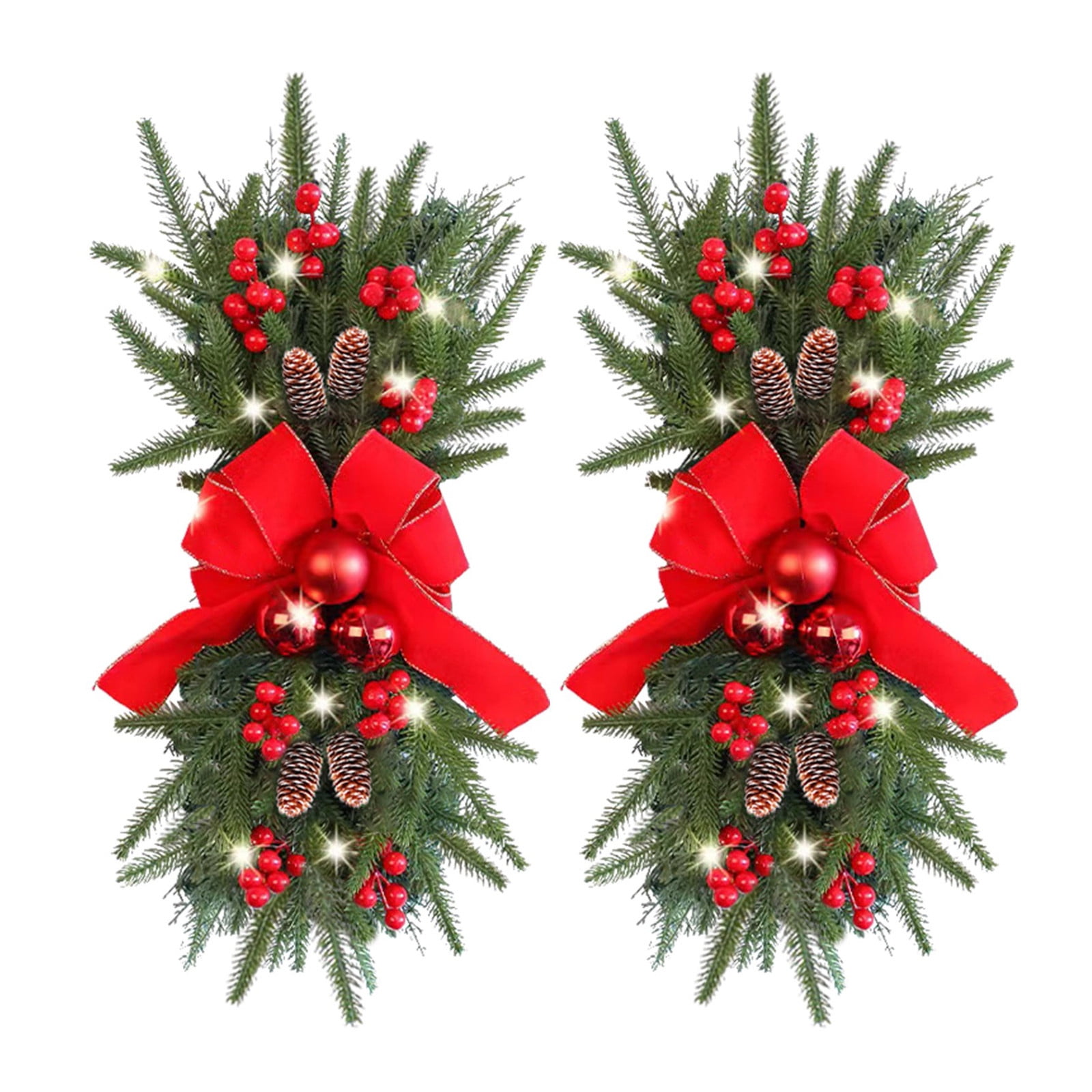2pc Pre-lit Christmas Teardrop Swags with Red Bows, Pine Branches ...