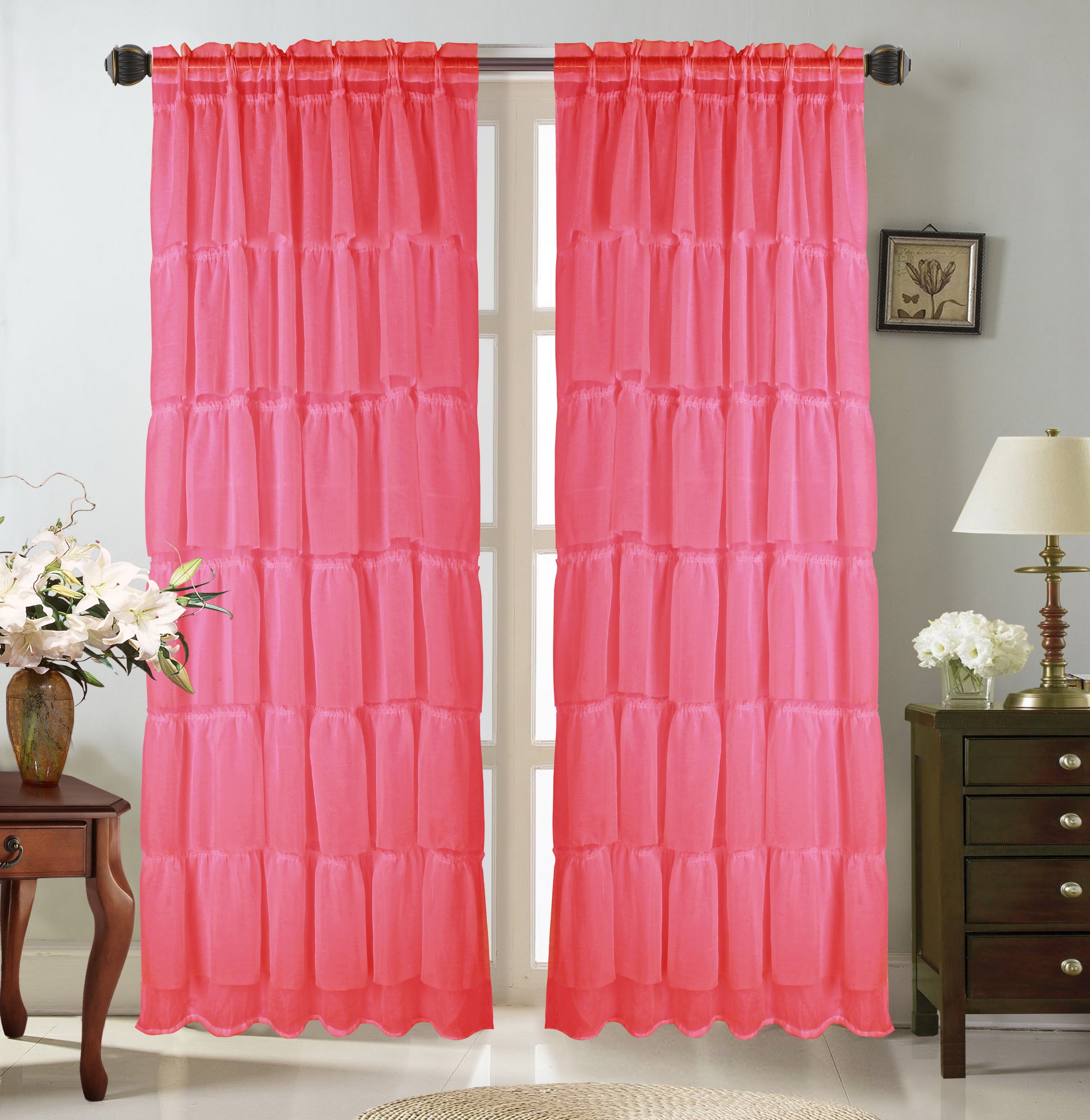 2pc RED Crushed Voile Sheer Gypsy Ruffle Rod Pocket Window Curtain ...