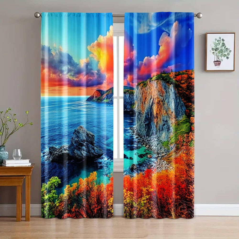 2pc Scene Curtain Coast Ocean Beach Versatile Polyester Without ...