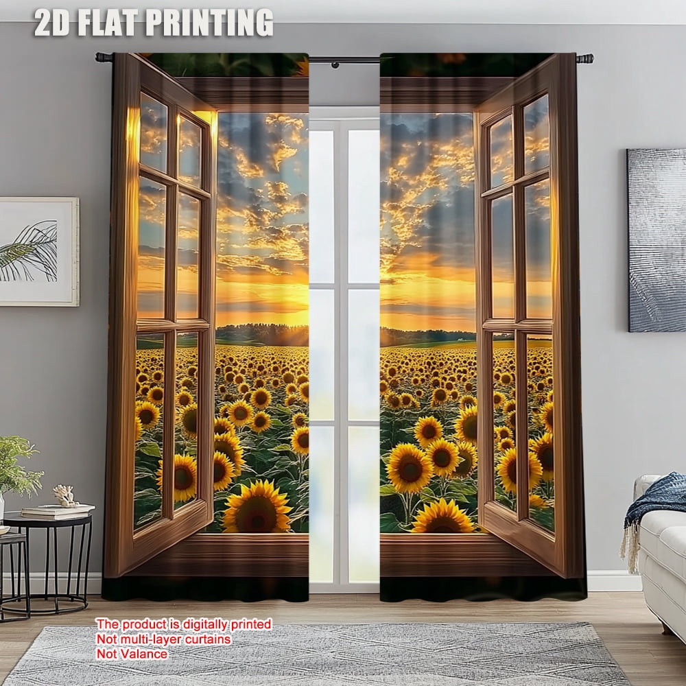 2pc Scene Curtains Sunflower Field Versatile Fabric Without Electricity ...