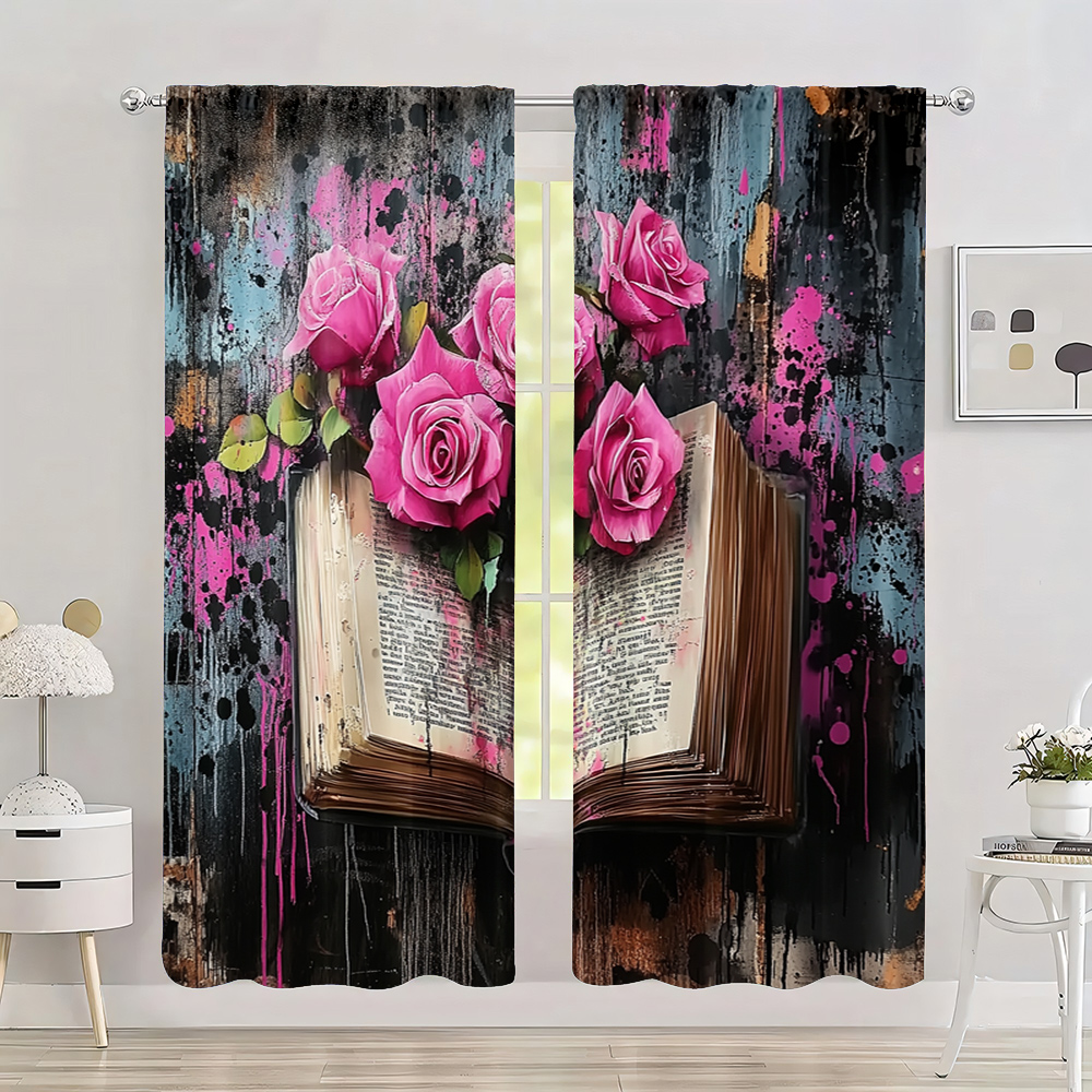 2pc Spring Popular Curtain Doodle Rose Books Polyester Without ...