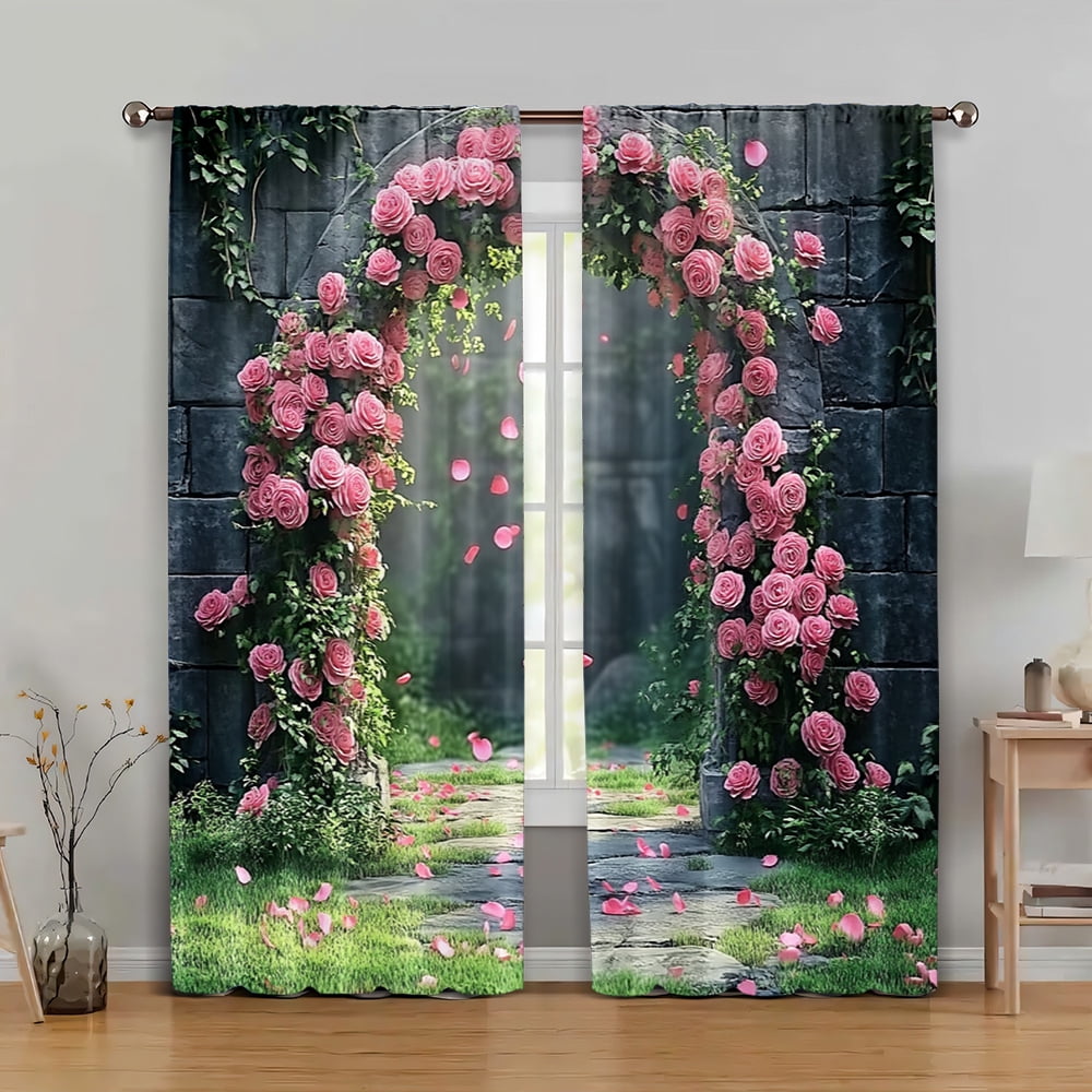 2pc Window Curtains Pink roses and st arches Versatile Polyester Fabric ...