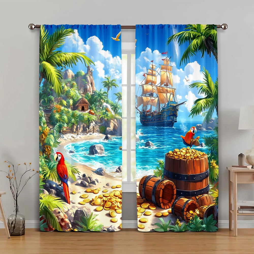 2pc Window Curtains Pirate Treasure Hunt Versatile Polyester Without ...