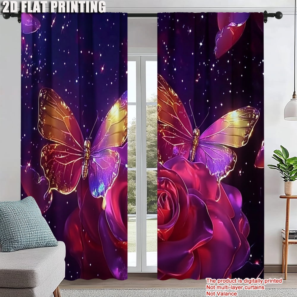 2pc Window Curtains Two roses and a butterfly Polyester Without ...