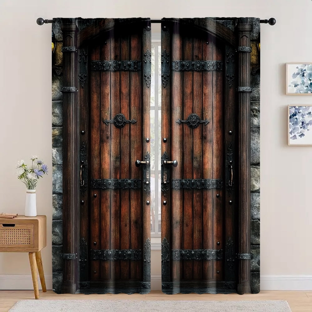 2pc Window Curtains Vintage iron wooden door print Fabric Without ...