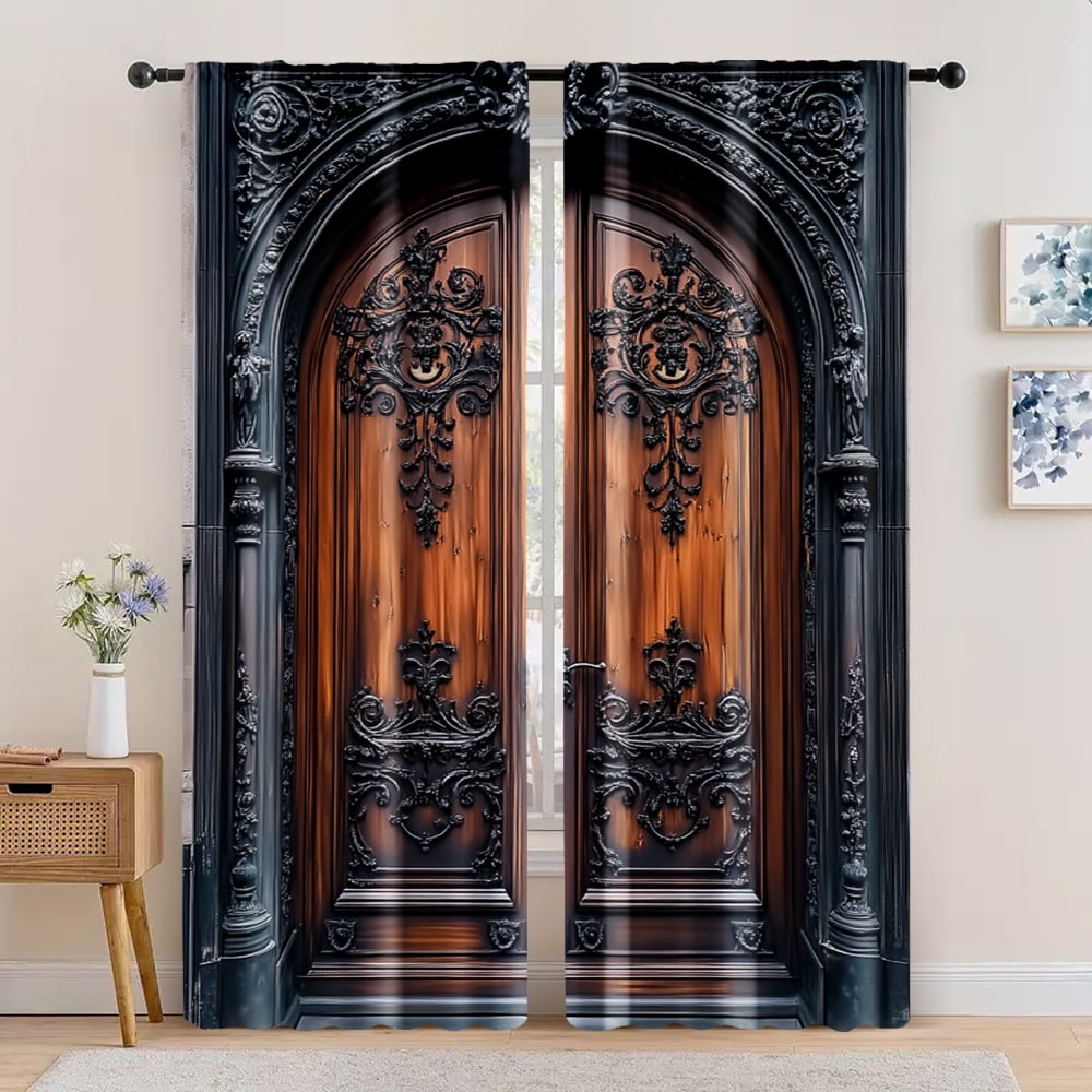 2pc Window Treatment Curtains Printed wooden door pattern Machine ...