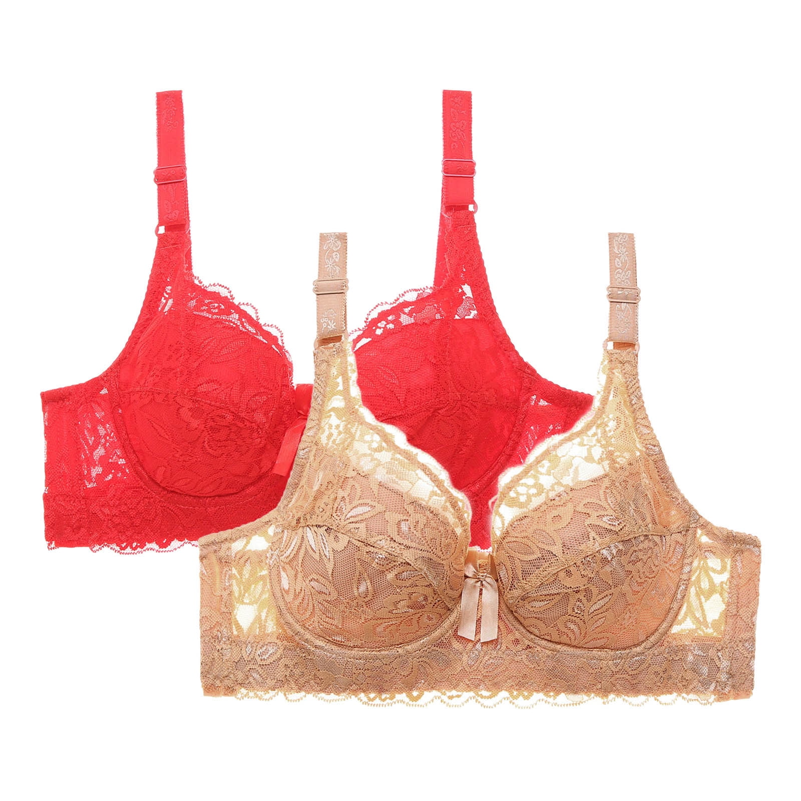 2pc Women's Floral Lace Bra, Mesh V-Neck Wireless Full Cover Underwear ...