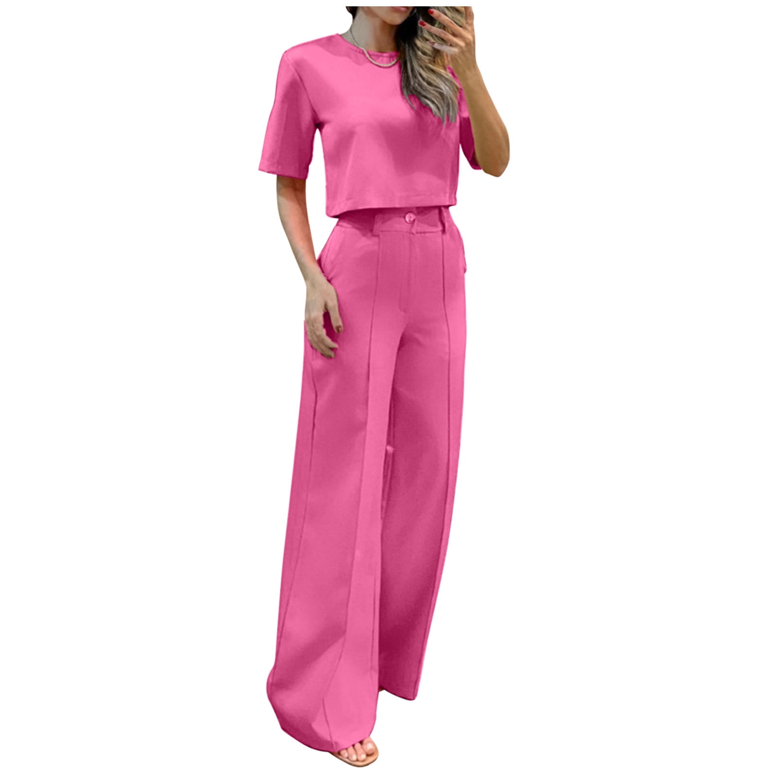 2pc Work Sets for Women Business Casual Palazzo Pant with Short Sleeve ...
