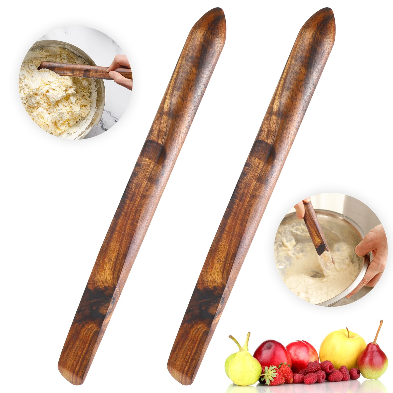 2pcs 11 Inch Wooden Sourdough Bread Mixing Stir Spurtle Blender Spatula ...