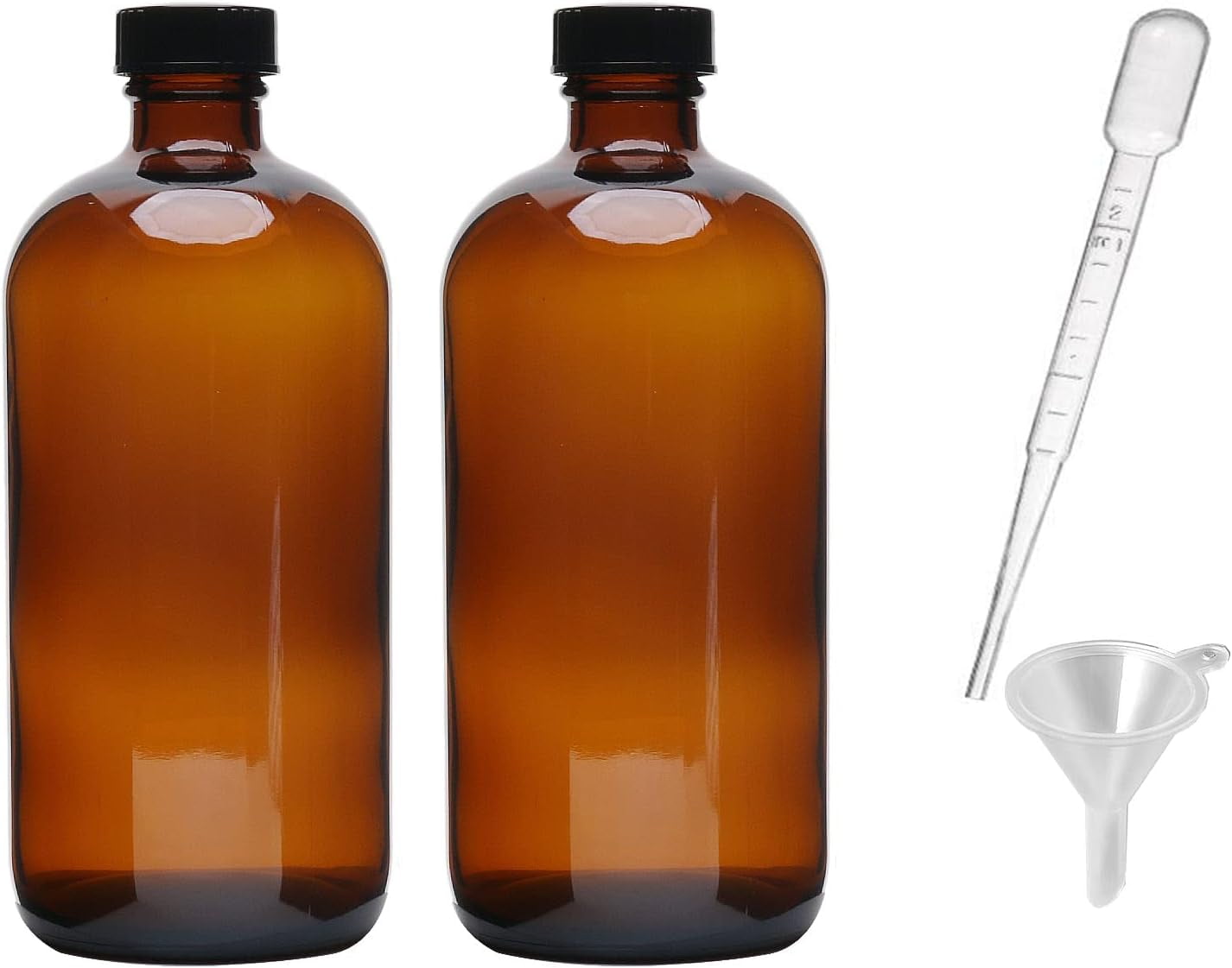 2pcs 16oz Amber Glass Boston Round Bottles with Air Tight Seal Phenolic ...